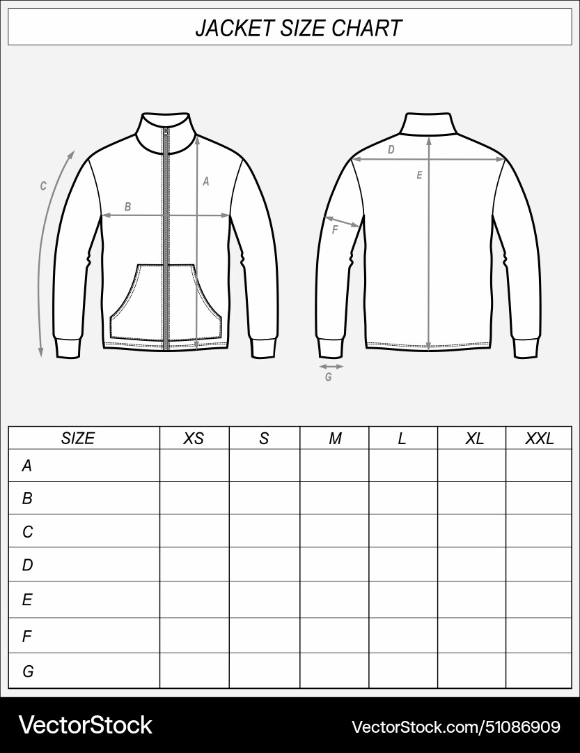 Zip up jacket size chart Royalty Free Vector Image