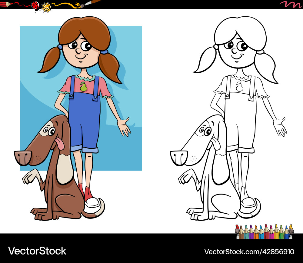 Cartoon girl and her dog coloring page Royalty Free Vector