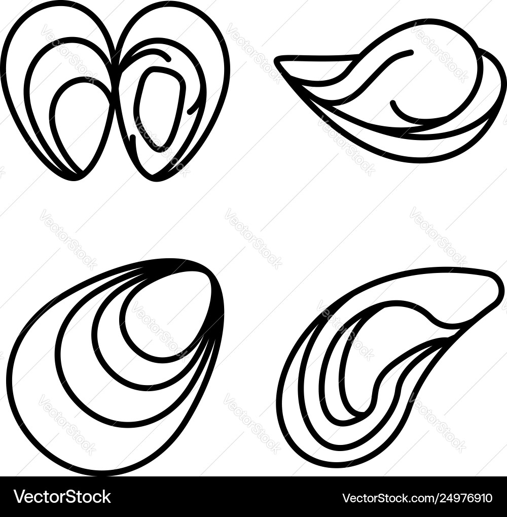 Mussel Icon Set - Seafood Outline Royalty Free Vector Image