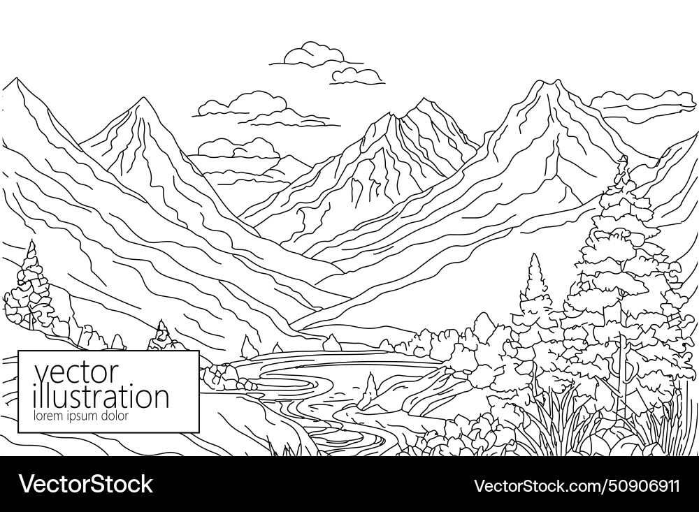 Forest with mountain line simple drawing Vector Image
