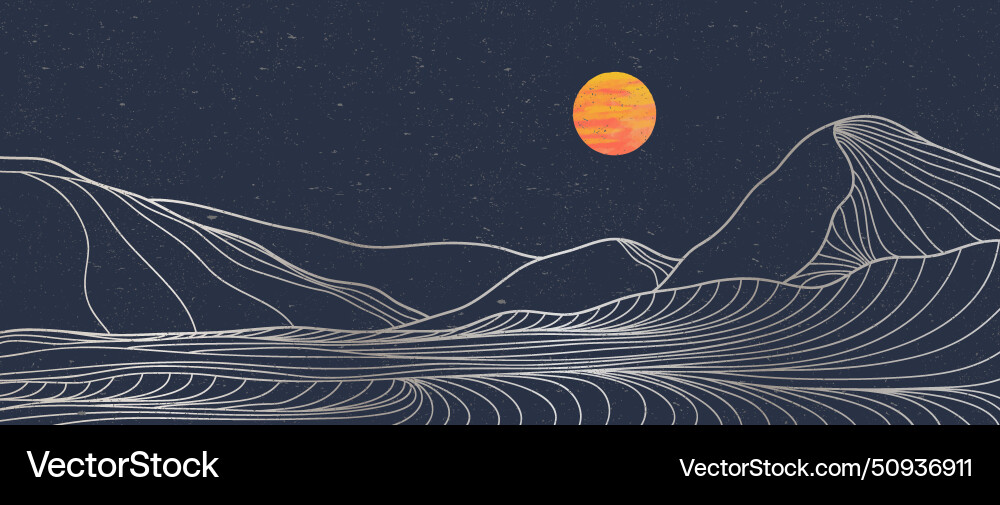 Mountain and ocean wave line art print Royalty Free Vector