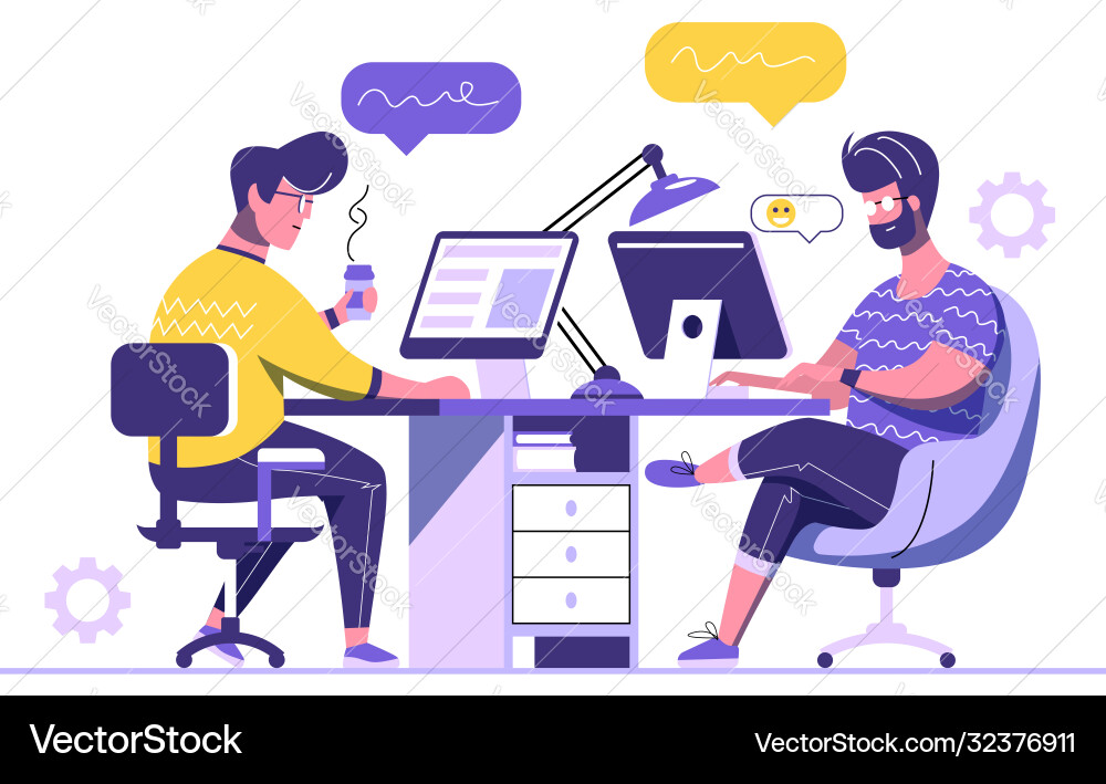 Two handsome men are working on computers Vector Image