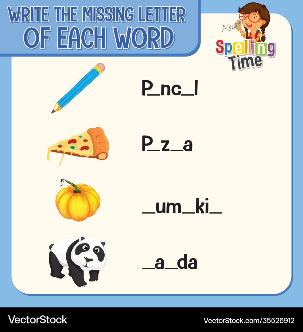 Write missing letter each word worksheet Vector Image