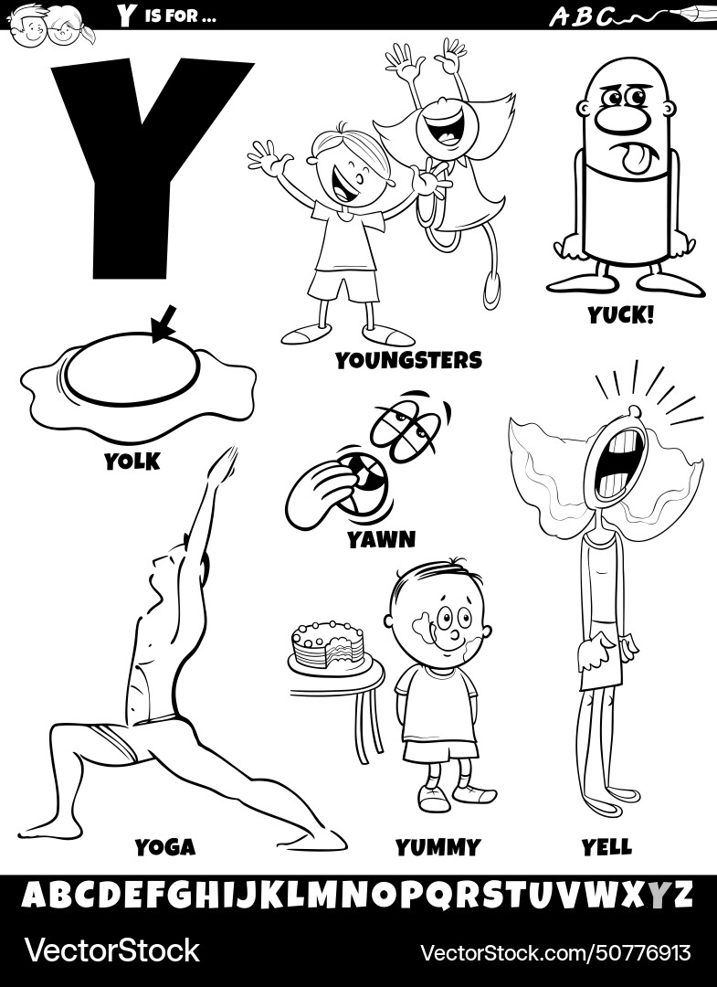 Letter y set with cartoon objects and characters Vector Image