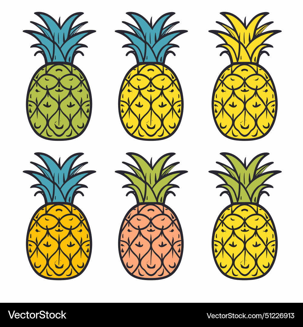 Six stylized pineapples different colors displayed