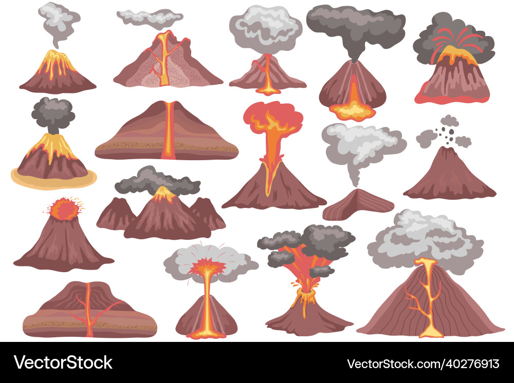 Volcanic eruption icon set Royalty Free Vector Image