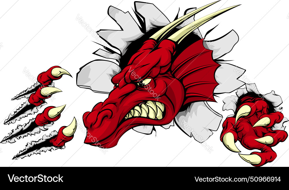 Red dragon mascot breaking through wall Royalty Free Vector