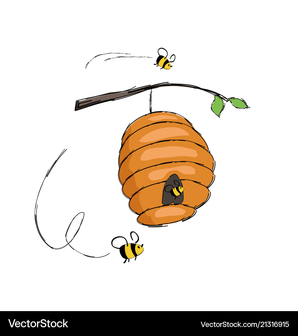 Bees flying in hive hanging on tree branch Vector Image