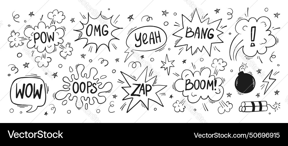 Hand drawn set of comics bombs and explosions Vector Image