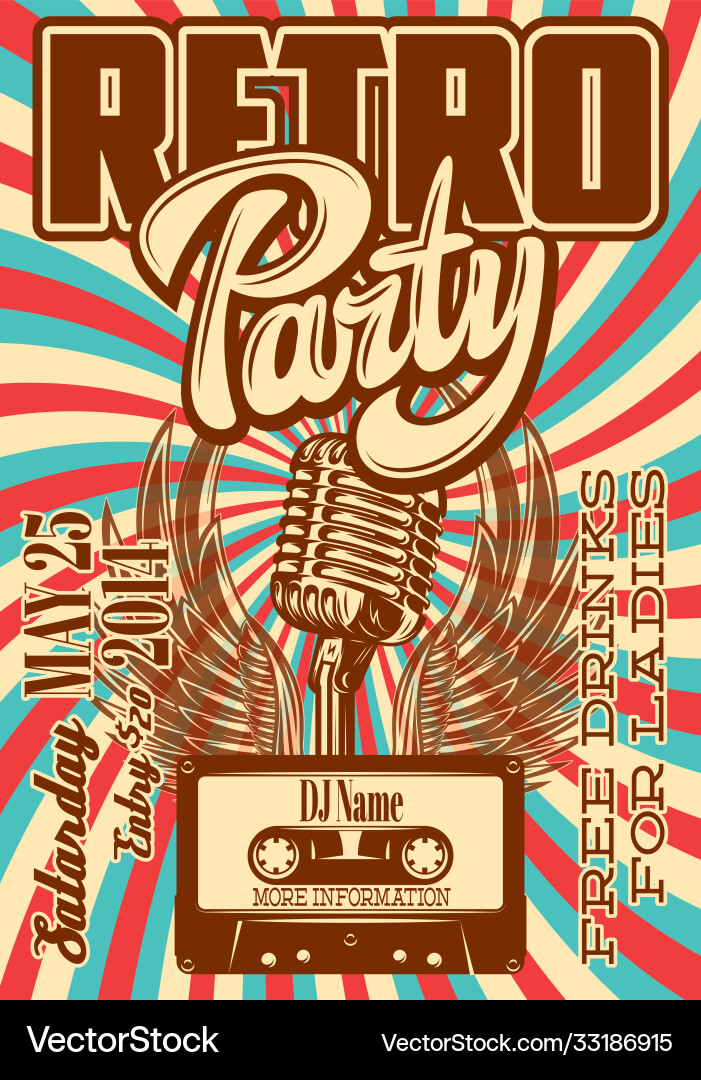 Template for retro party with microphone wings Vector Image