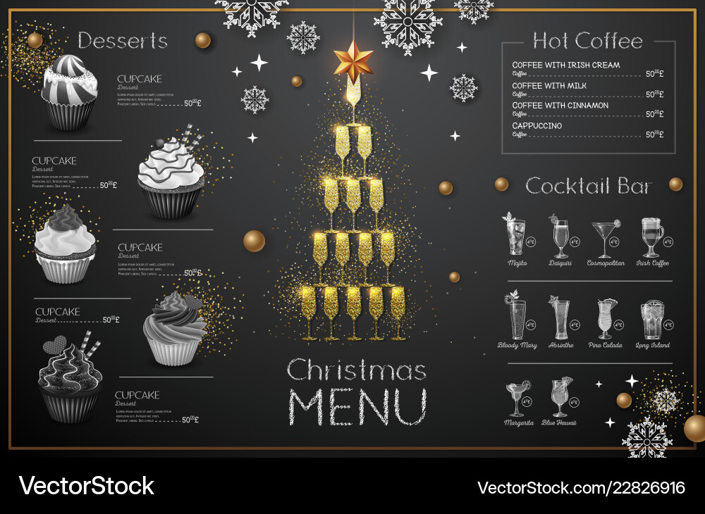 Christmas menu design with golden champagne Vector Image