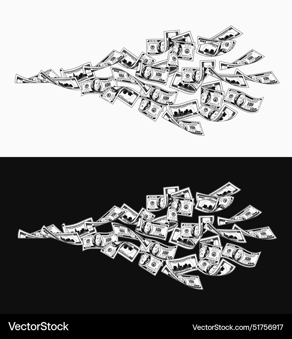 Flying 100 dollar notes banknotes bills Royalty Free Vector