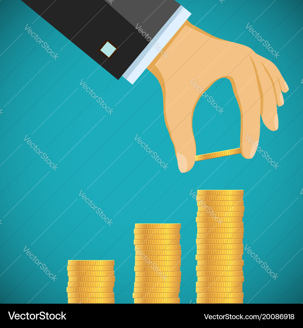 Human hand puts gold coins by a stack growth Vector Image