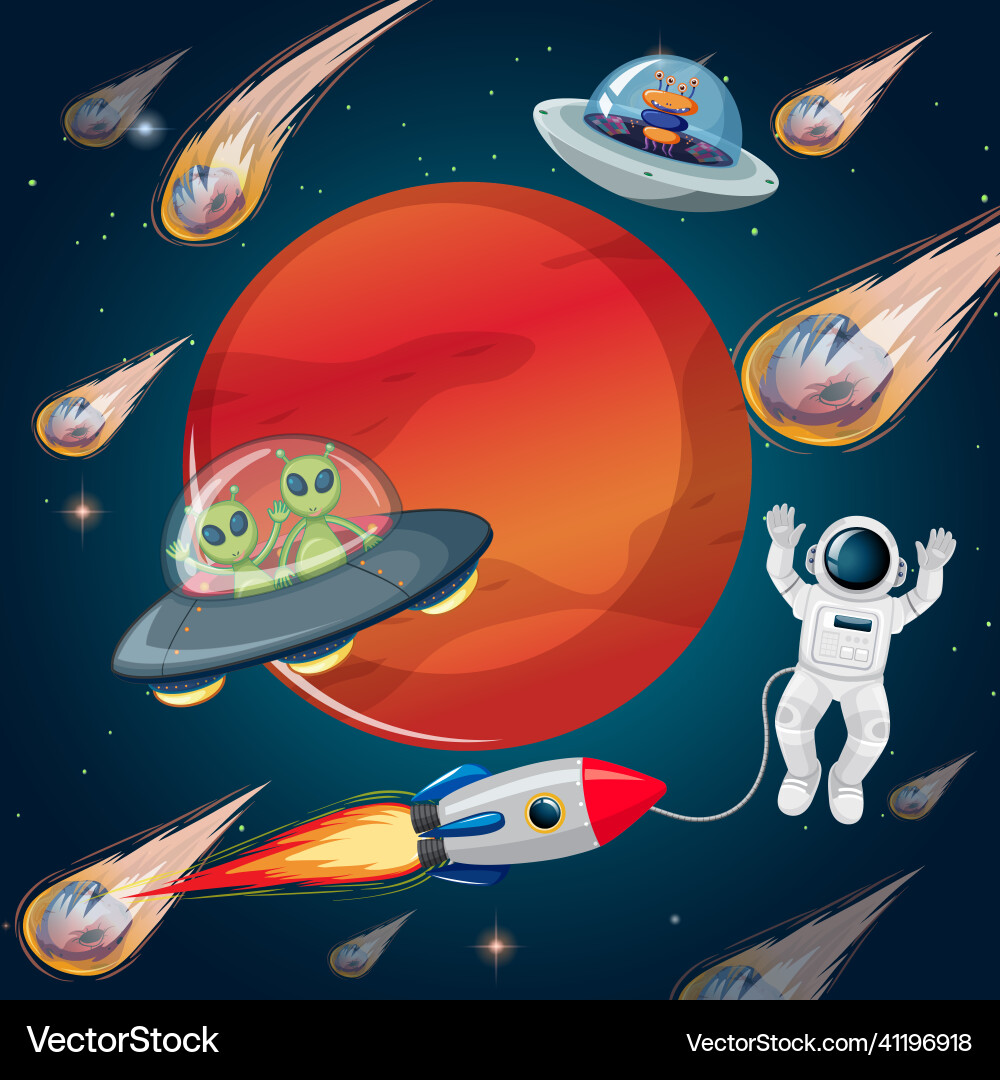 Outer space scene with astonaut and alien Vector Image