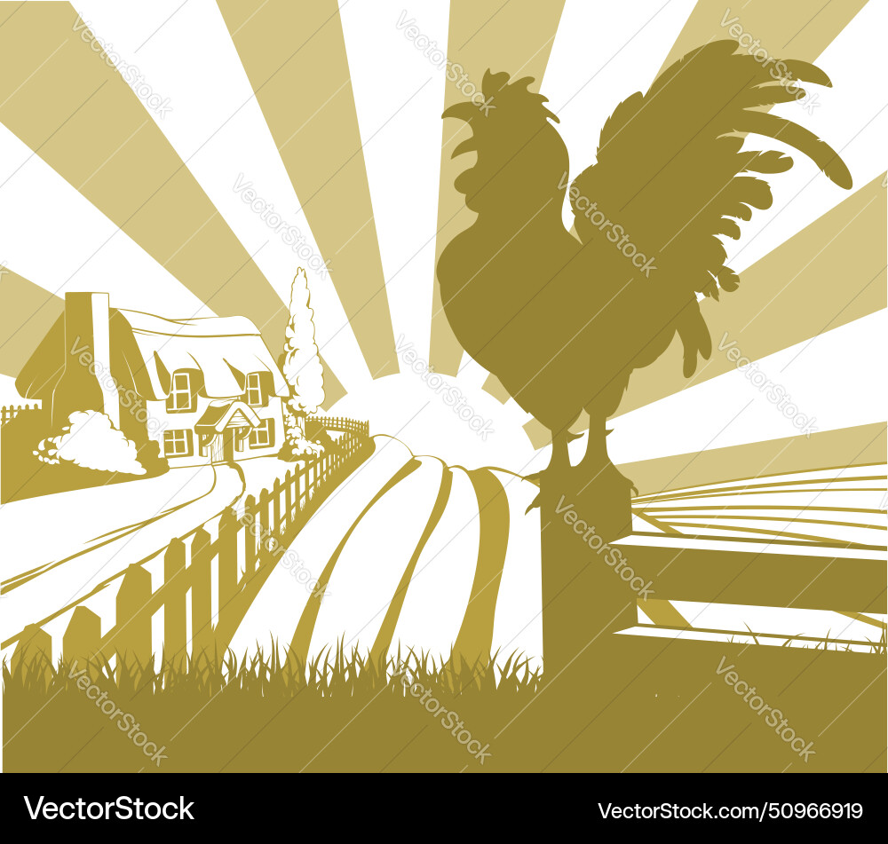 Rooster farm field landscape Royalty Free Vector Image