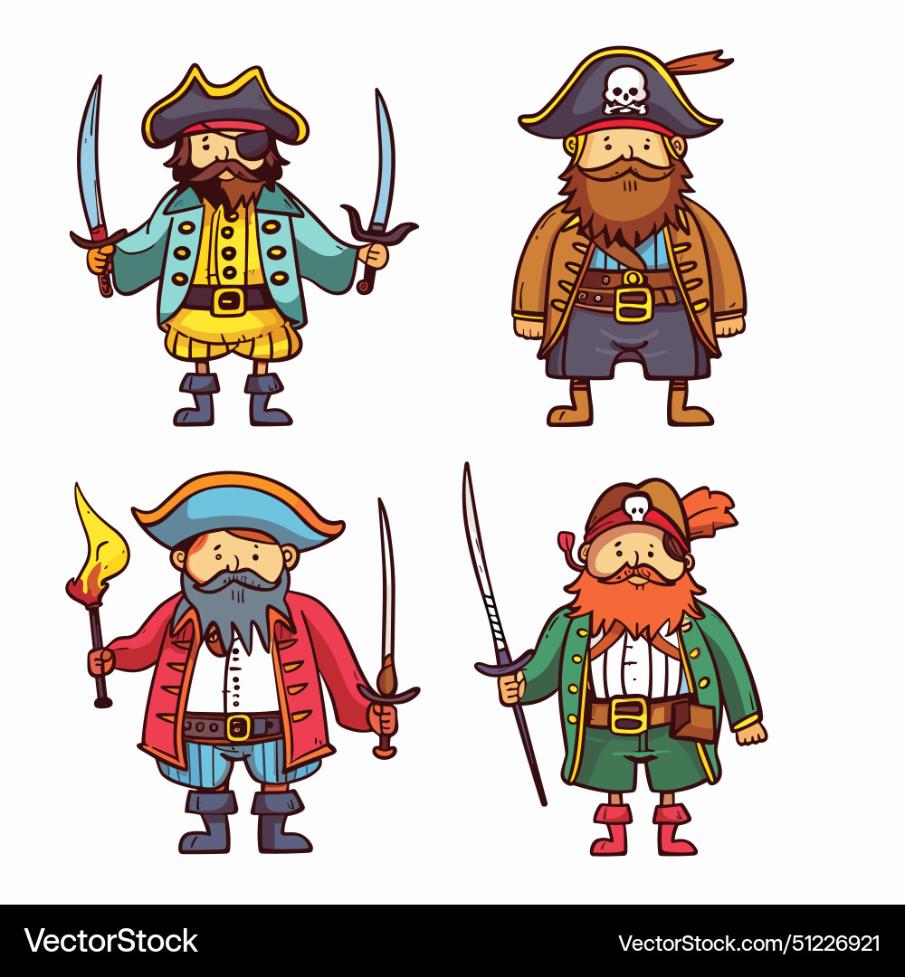 Four cartoon pirates various poses wielding Vector Image