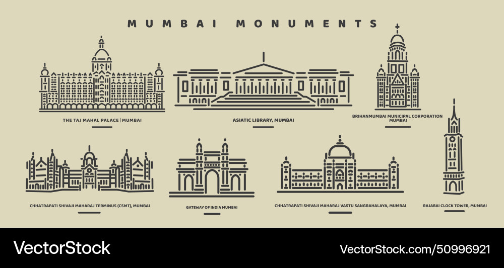 Mumbai monuments set icon Royalty Free Vector Image
