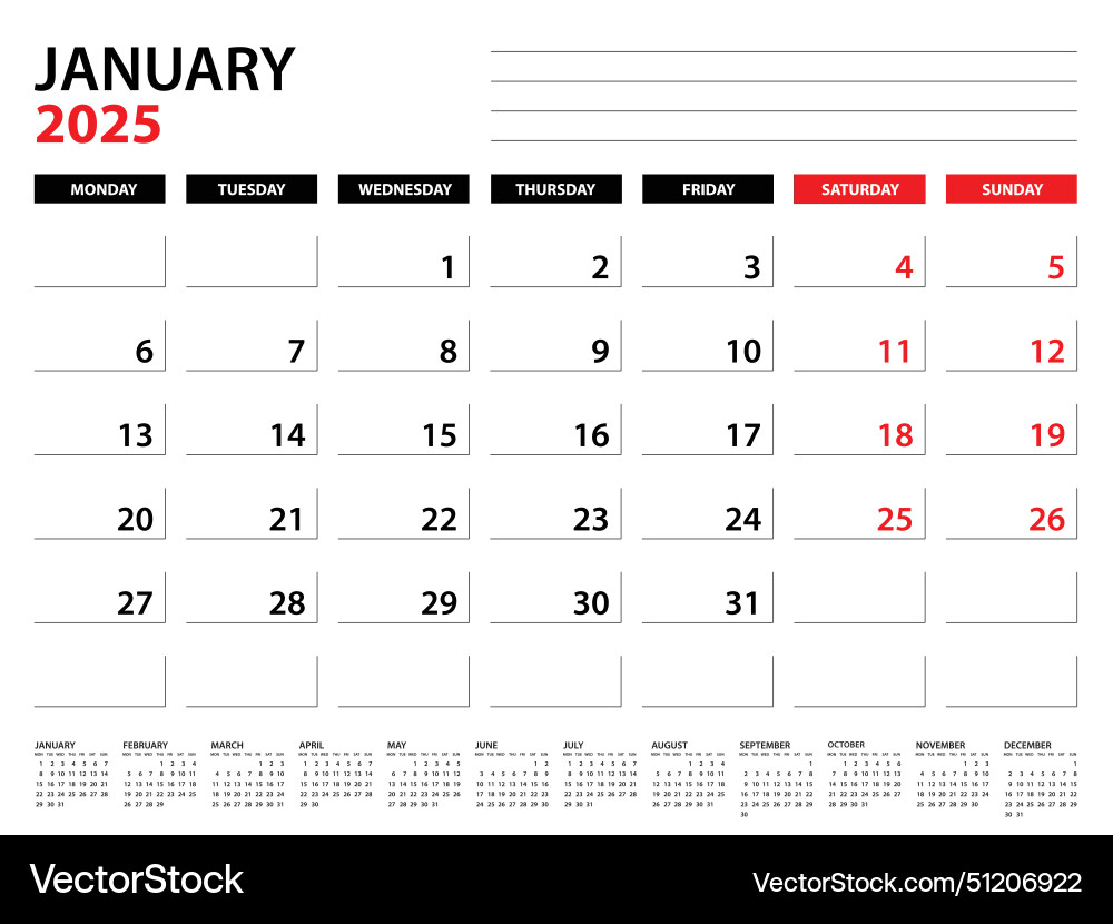 January 2025 year planner template calendar Vector Image