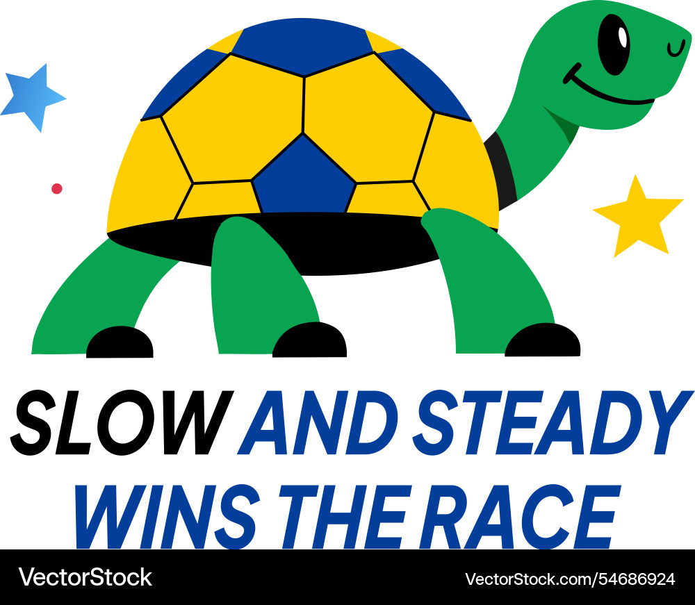 Turtle with slow steady wins the race text flat s Vector Image Turtle with slow steady wins the race text flat s Vector Image