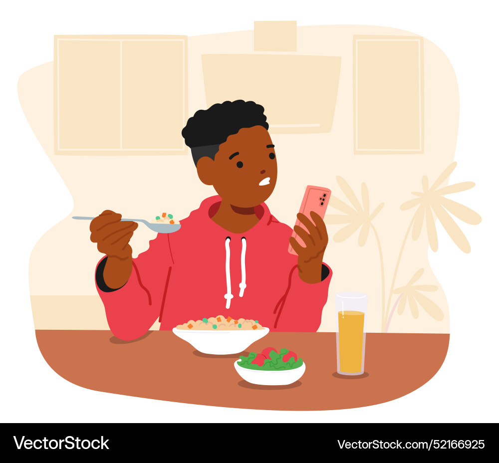 Boy using a smartphone while eating breakfast Vector Image