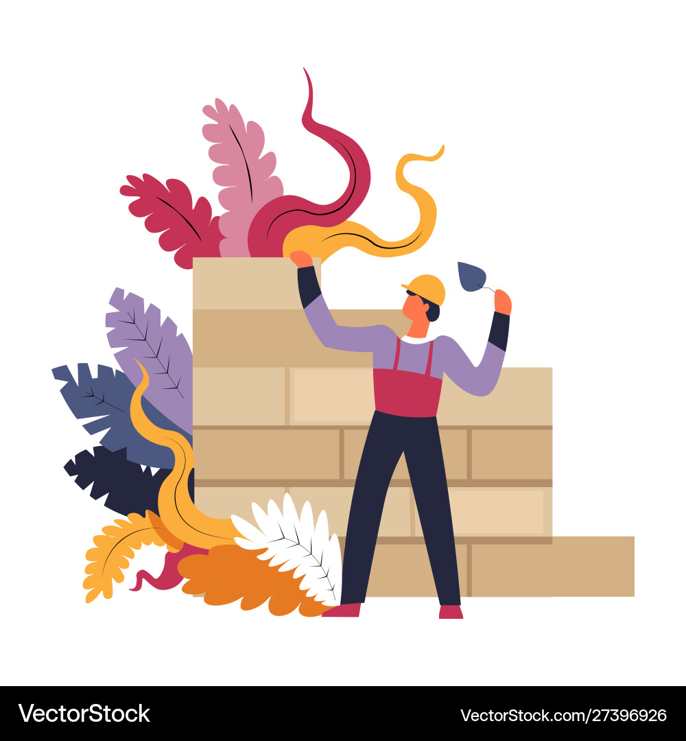 Bricklayer laying bricks with masonry trowel Vector Image