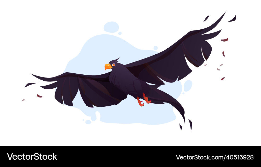 Crow with black wings fly in blue sky Royalty Free Vector