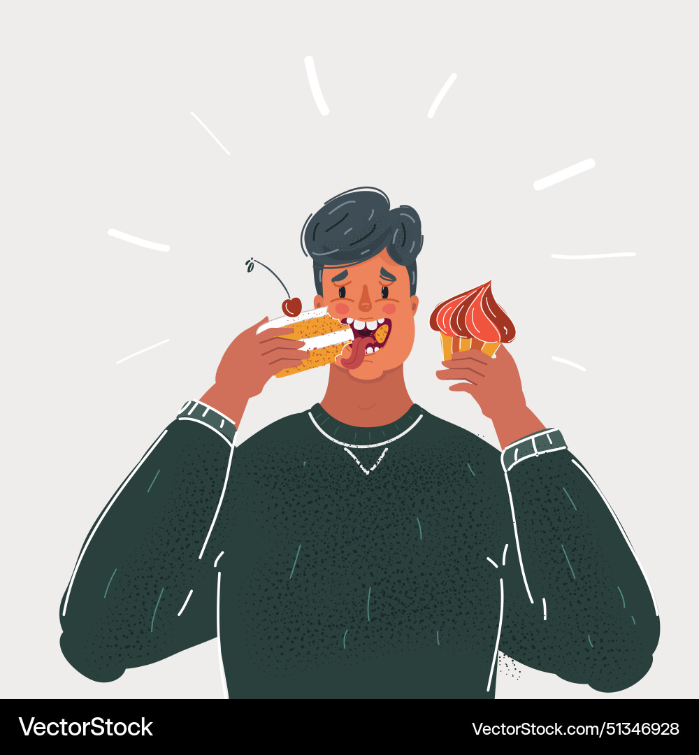 Man eating cakes on white Royalty Free Vector Image