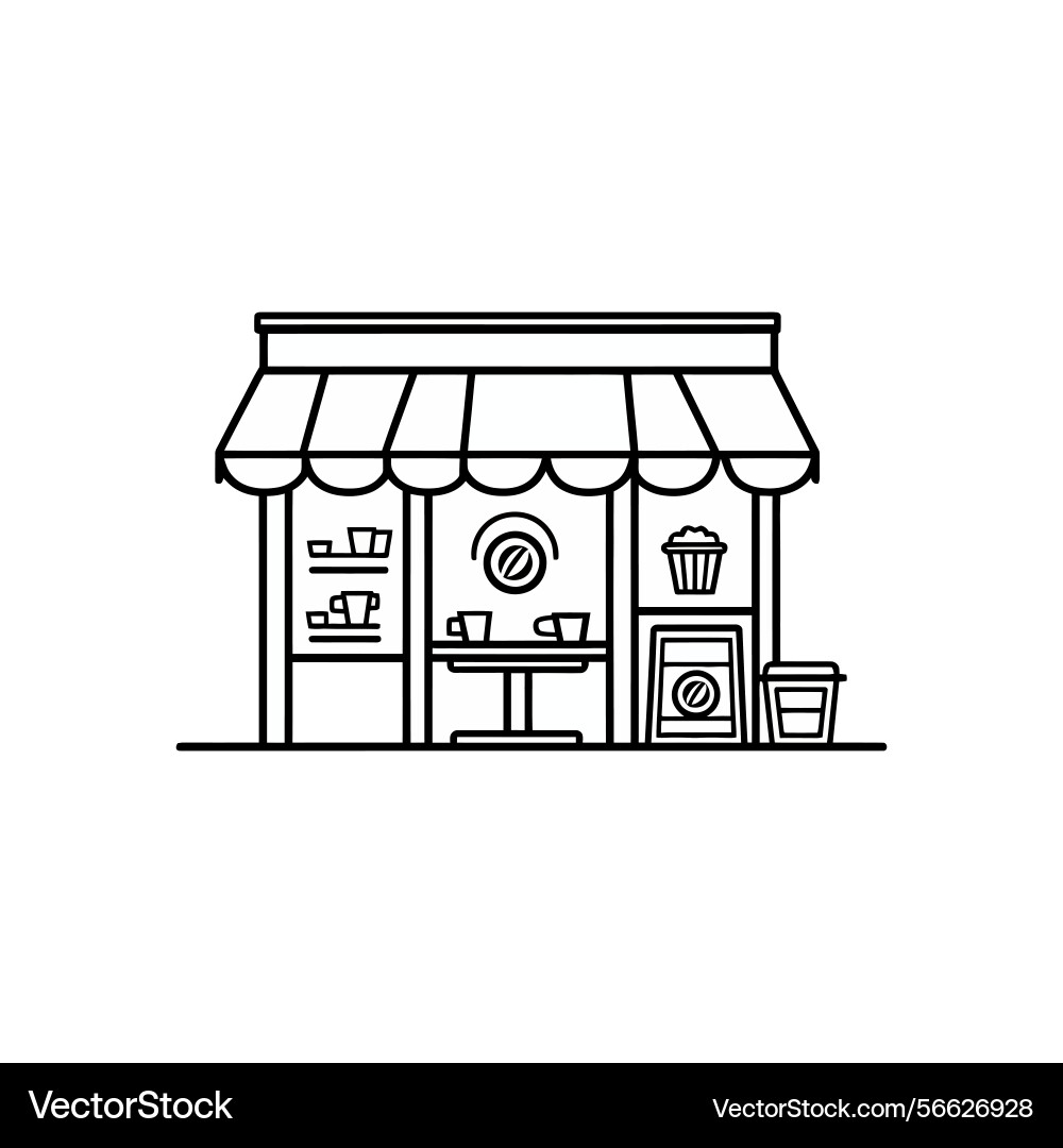 Outline coffee shop with table cups shelves Vector Image