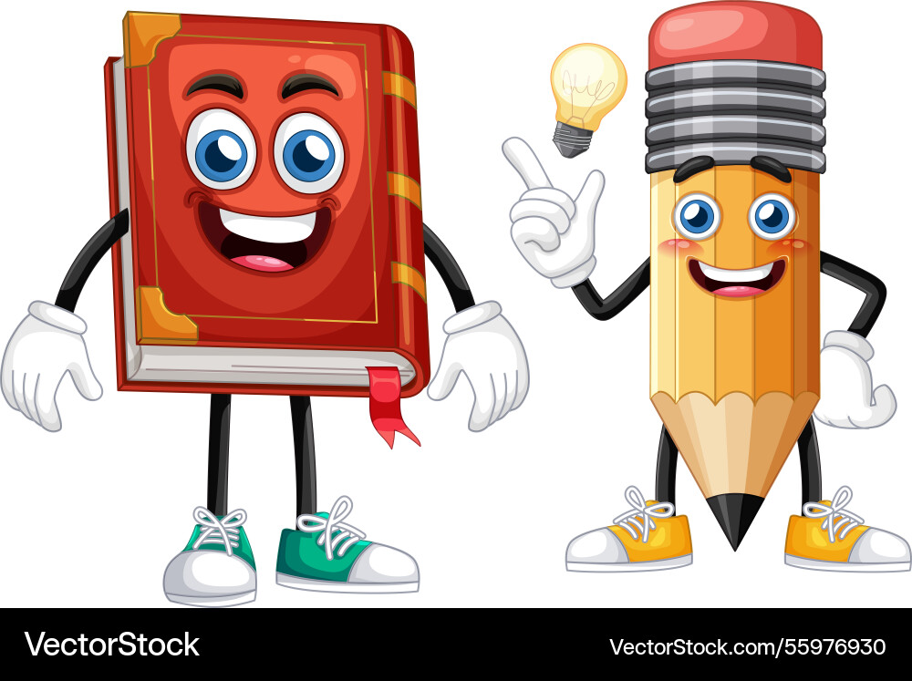 A smiling book and pencil with expressive faces Vector Image