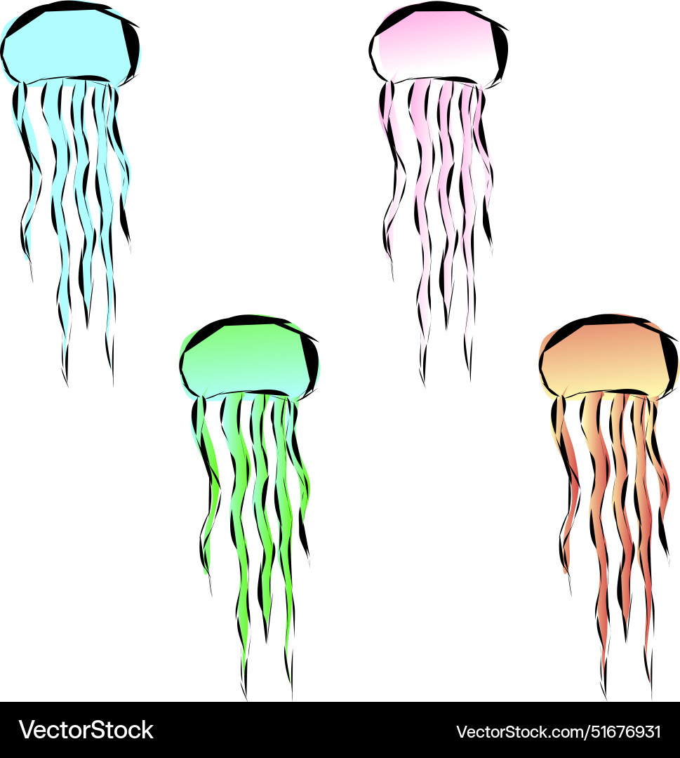 Several multi-colored jellyfish in a cartoon style