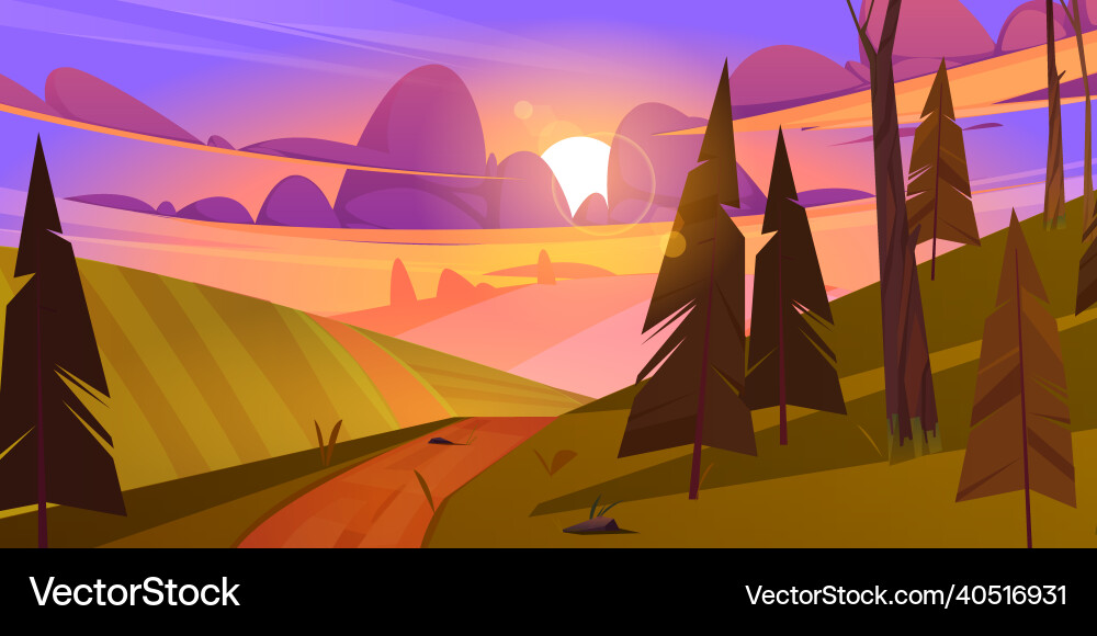 Sunset landscape with fields hills and forest Vector Image