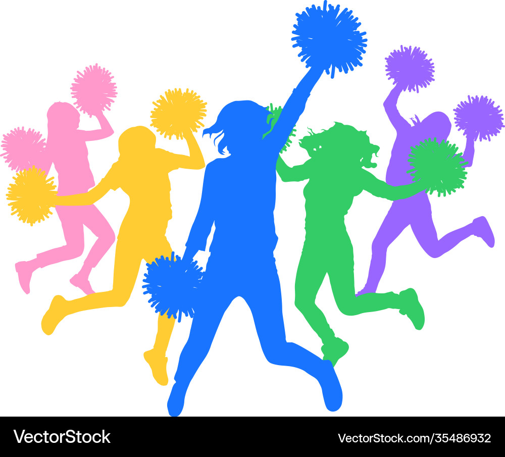 Colorful Cheerleaders Dancing with Pom-Poms Vector Image