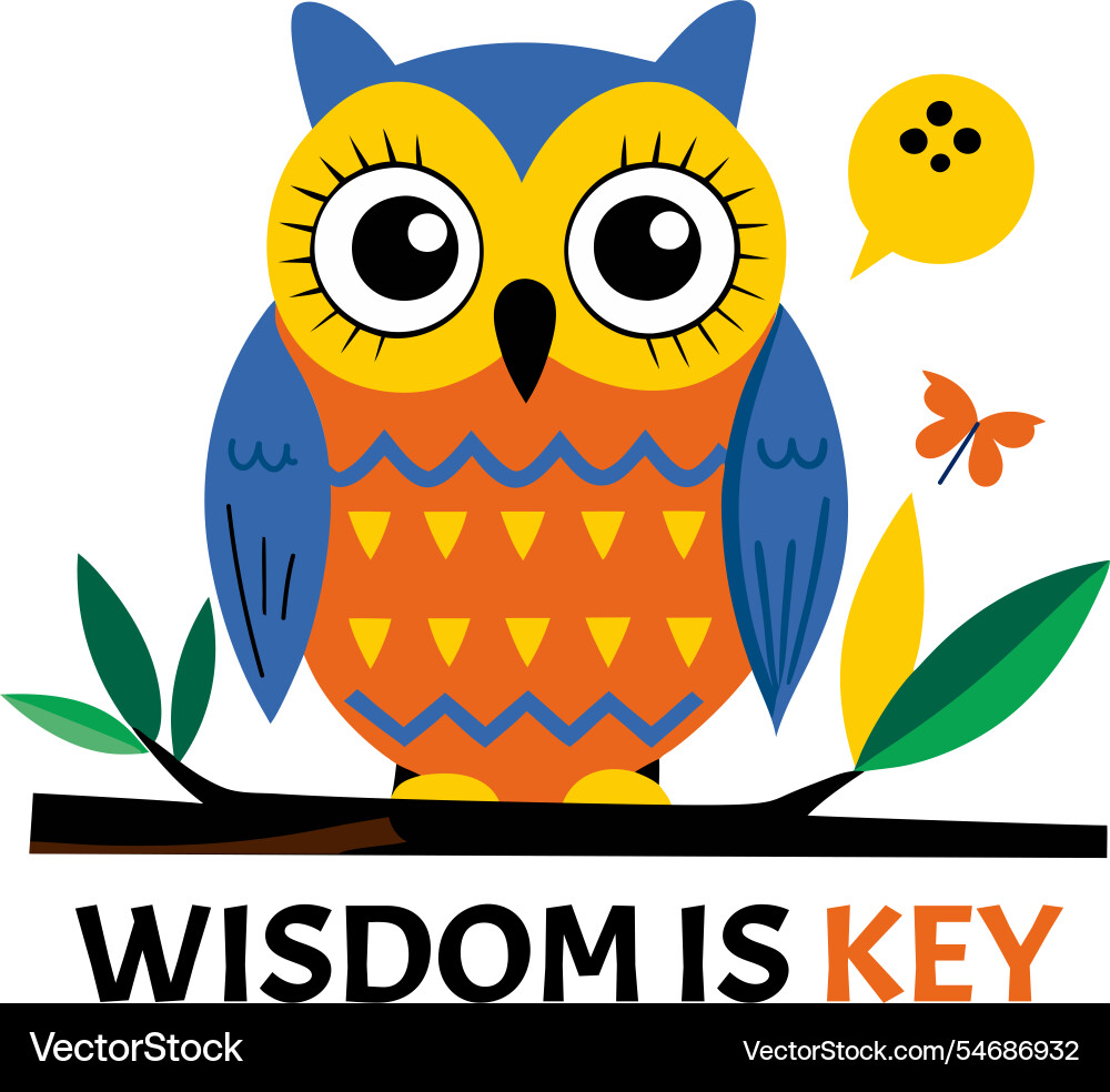 Owl with wisdom is key text flat sticker Vector Image
