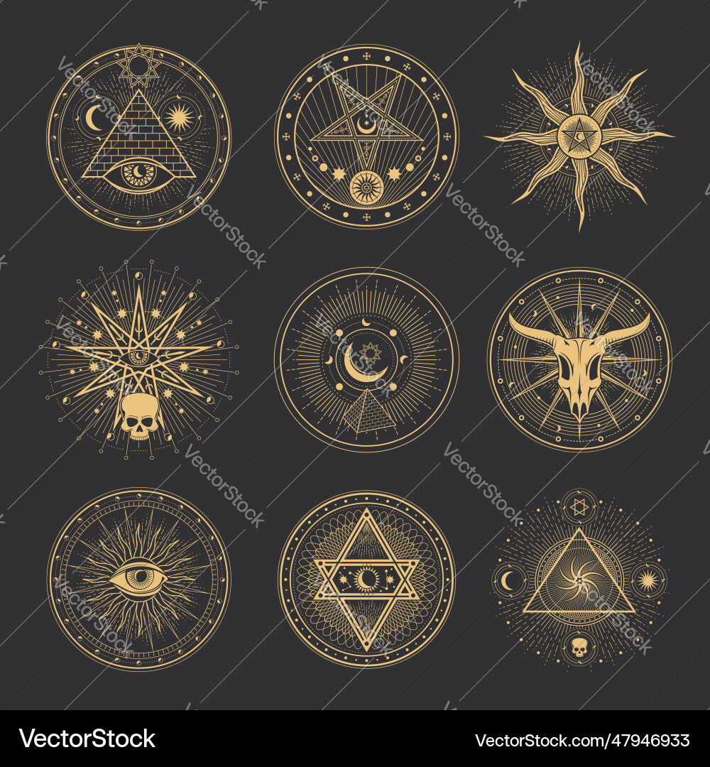 Occult pentagrams skull pyramid esoteric symbols Vector Image
