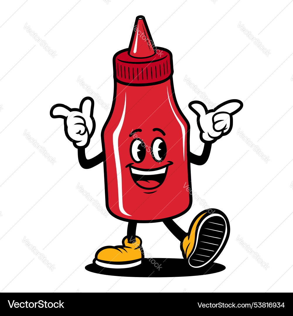 Happy ketchup bottle character dancing with joyful