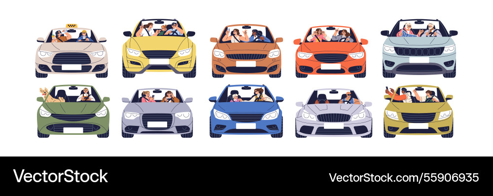 Driving car set front view driver and passengers Vector Image