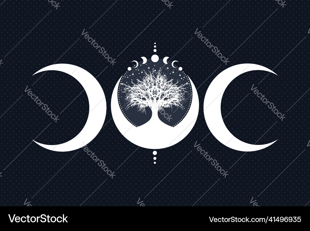 Sacred tree and triple crescent moon hand drawn Vector Image