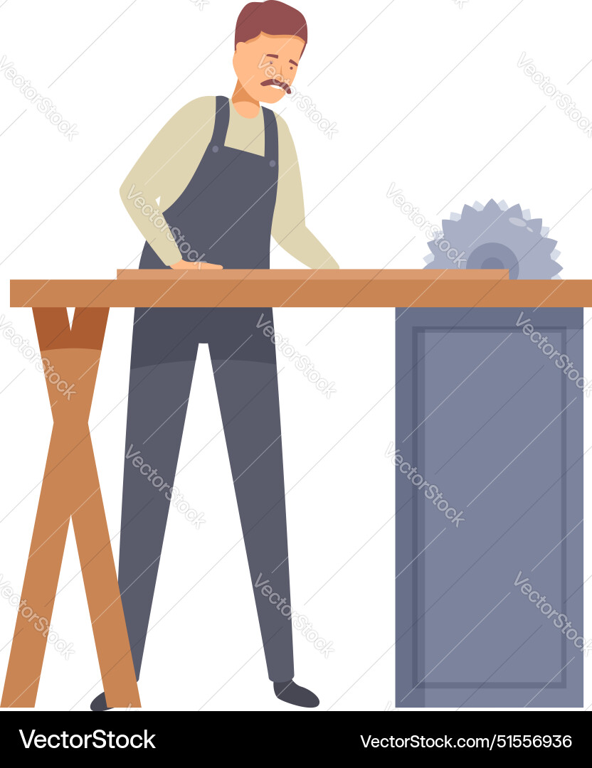 Carpenter working wood using circular saw standing