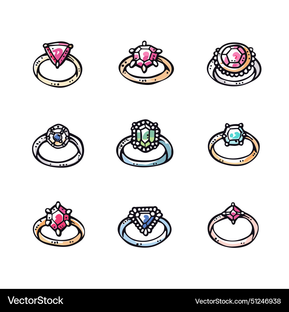 Handdrawn gemstone rings set colorful Royalty Free Vector