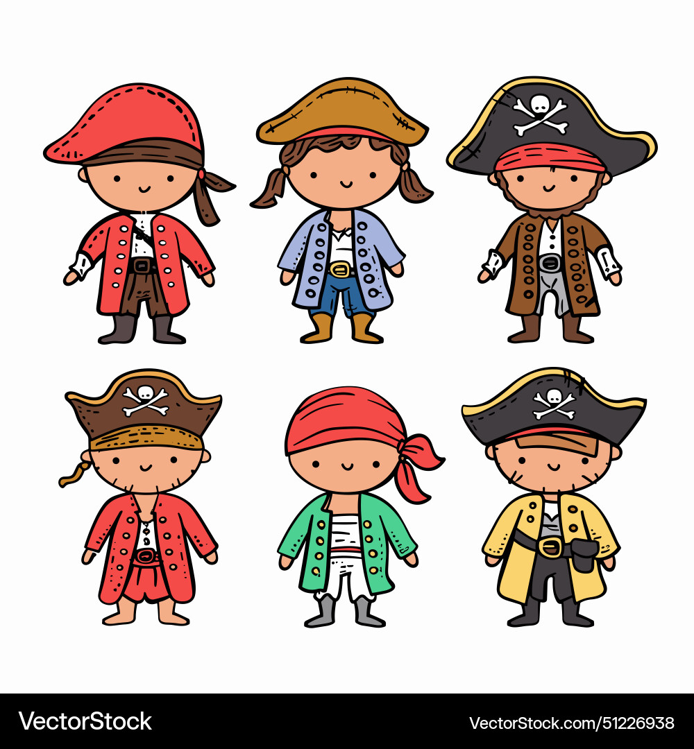 Six cartoon pirate characters standing cute Vector Image