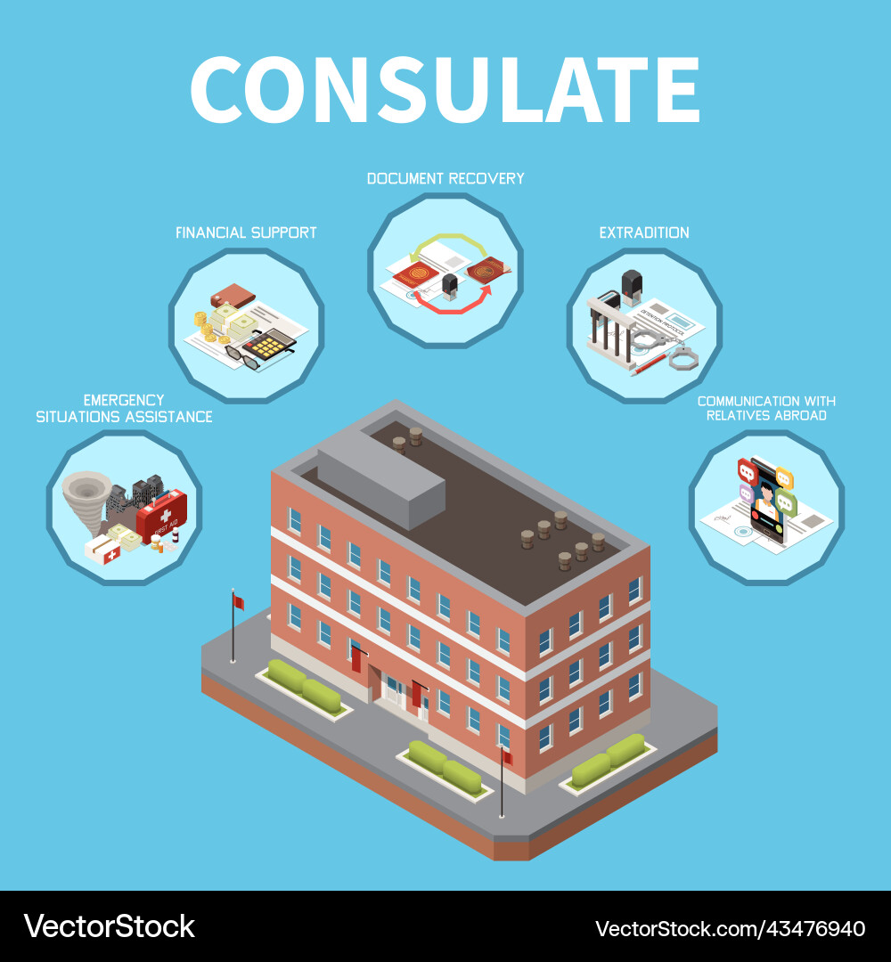 Consulate isometric background Royalty Free Vector Image