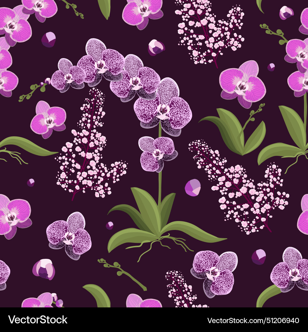 Orchid seamless pattern on a dark background Vector Image