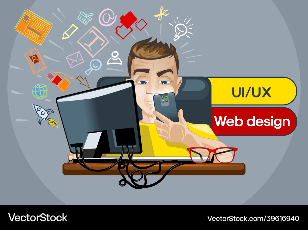 Ui ux web designer a guy with phone in his hand Vector Image