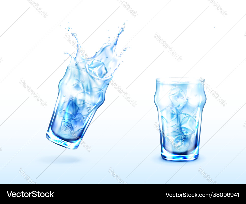 Glass with water splash and ice cubes Royalty Free Vector