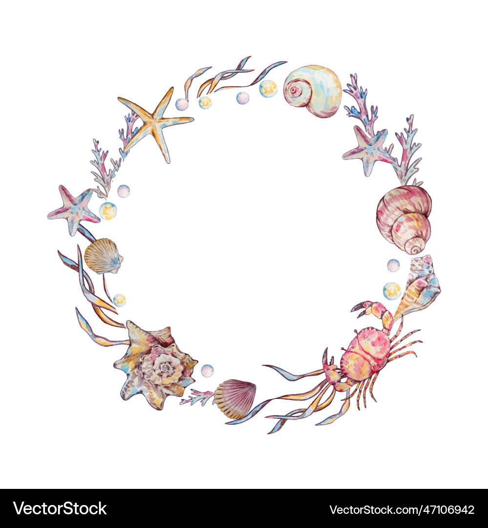 Round frame of watercolor seashells Royalty Free Vector