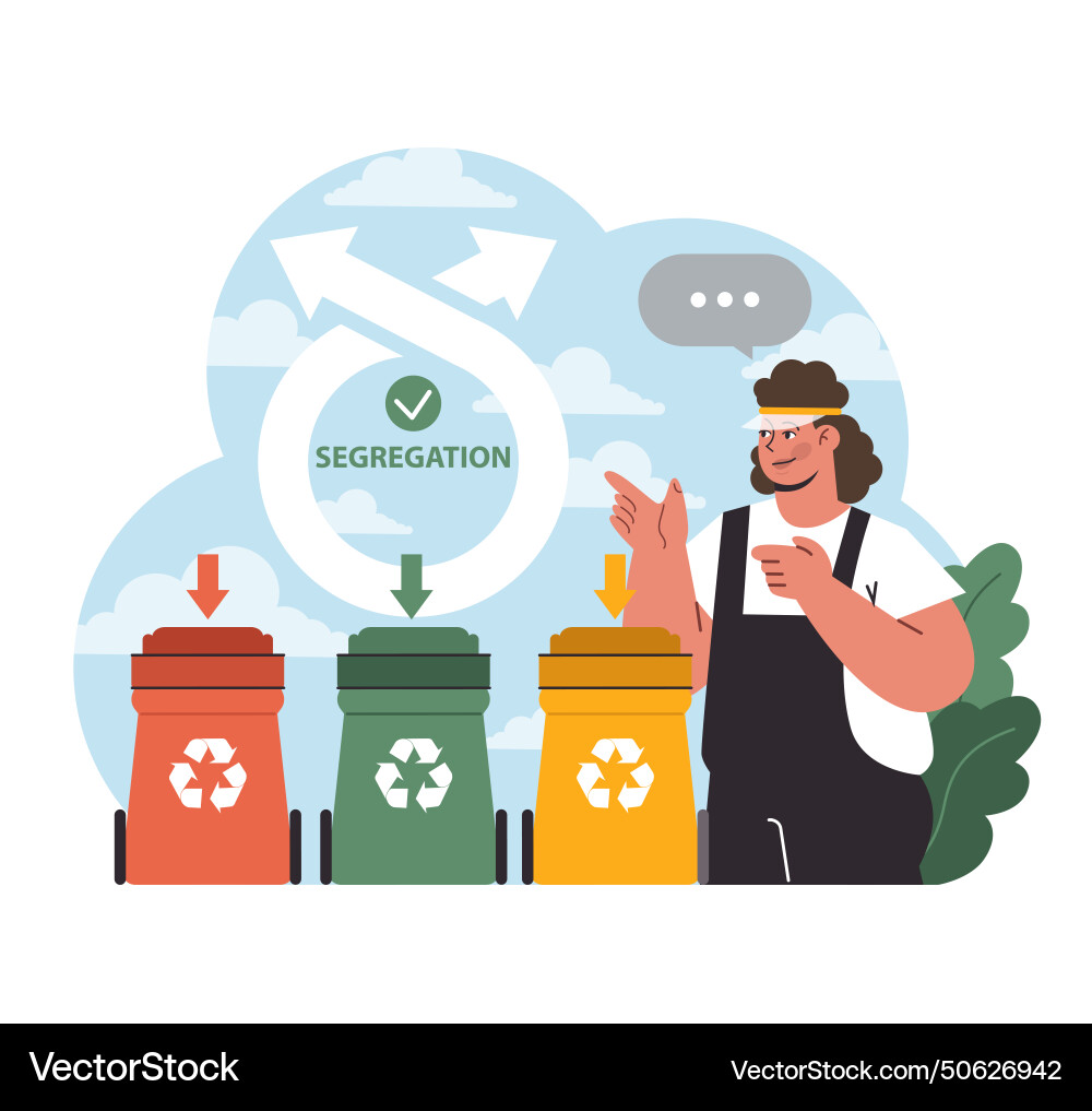Worker guiding waste segregation flat Royalty Free Vector
