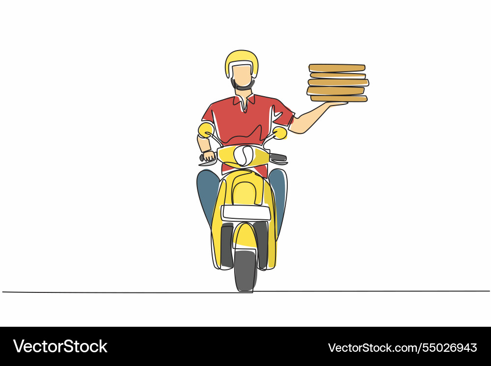 Single continuous line drawing pizza delivery man Vector Image