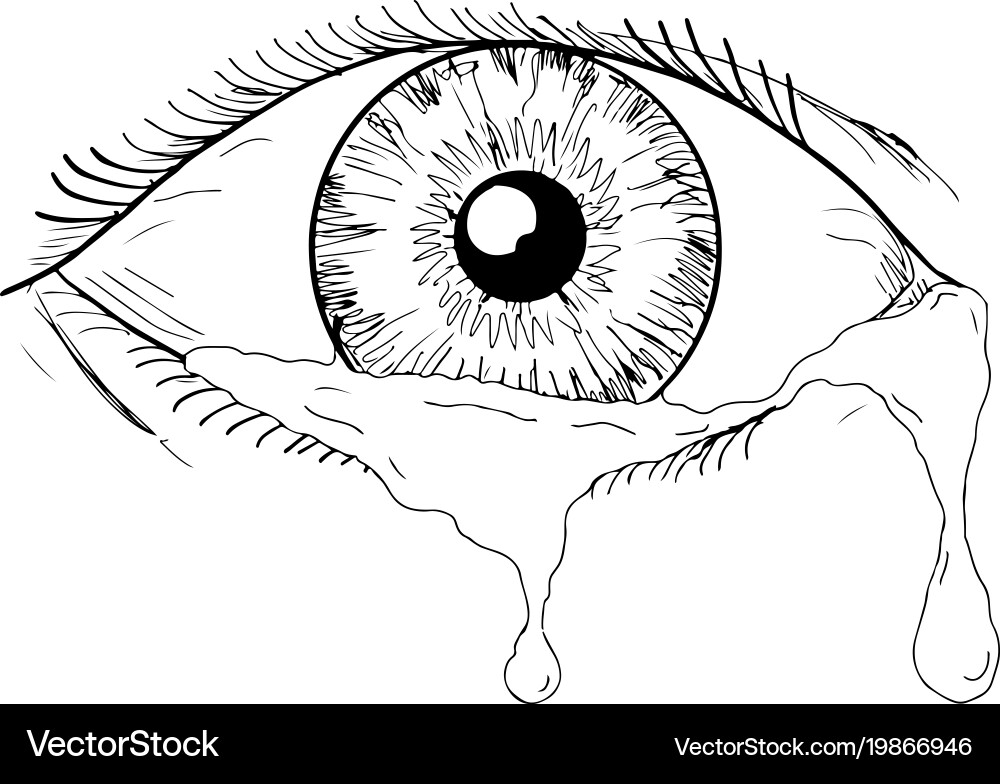 Human eye crying tears flowing drawing Royalty Free Vector