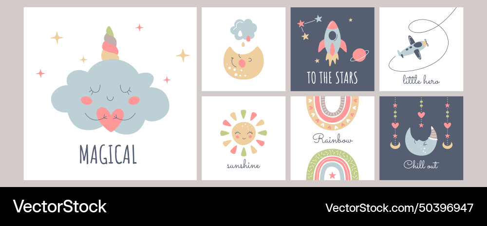 Cute boho baby posters with rainbow moon Vector Image