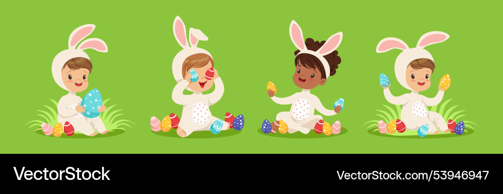 Easter with kids in bunny costume on green lawn Vector Image